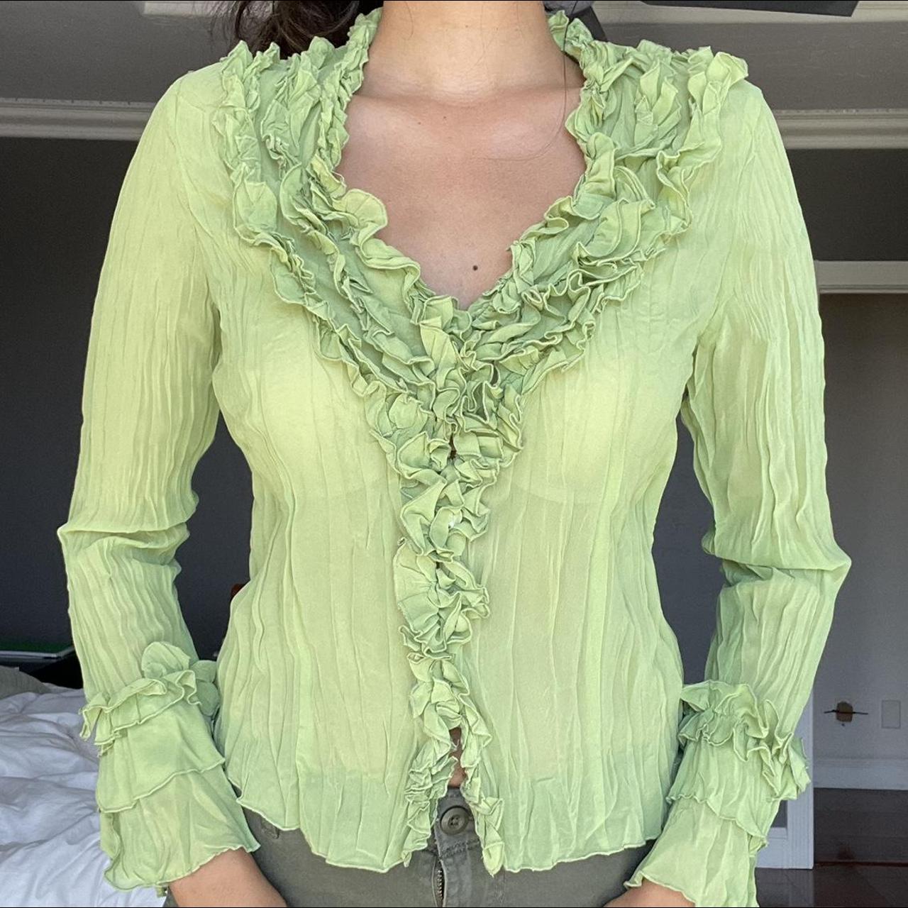 Y2K green pleated ruffle top Long sleeved fairy... - Depop