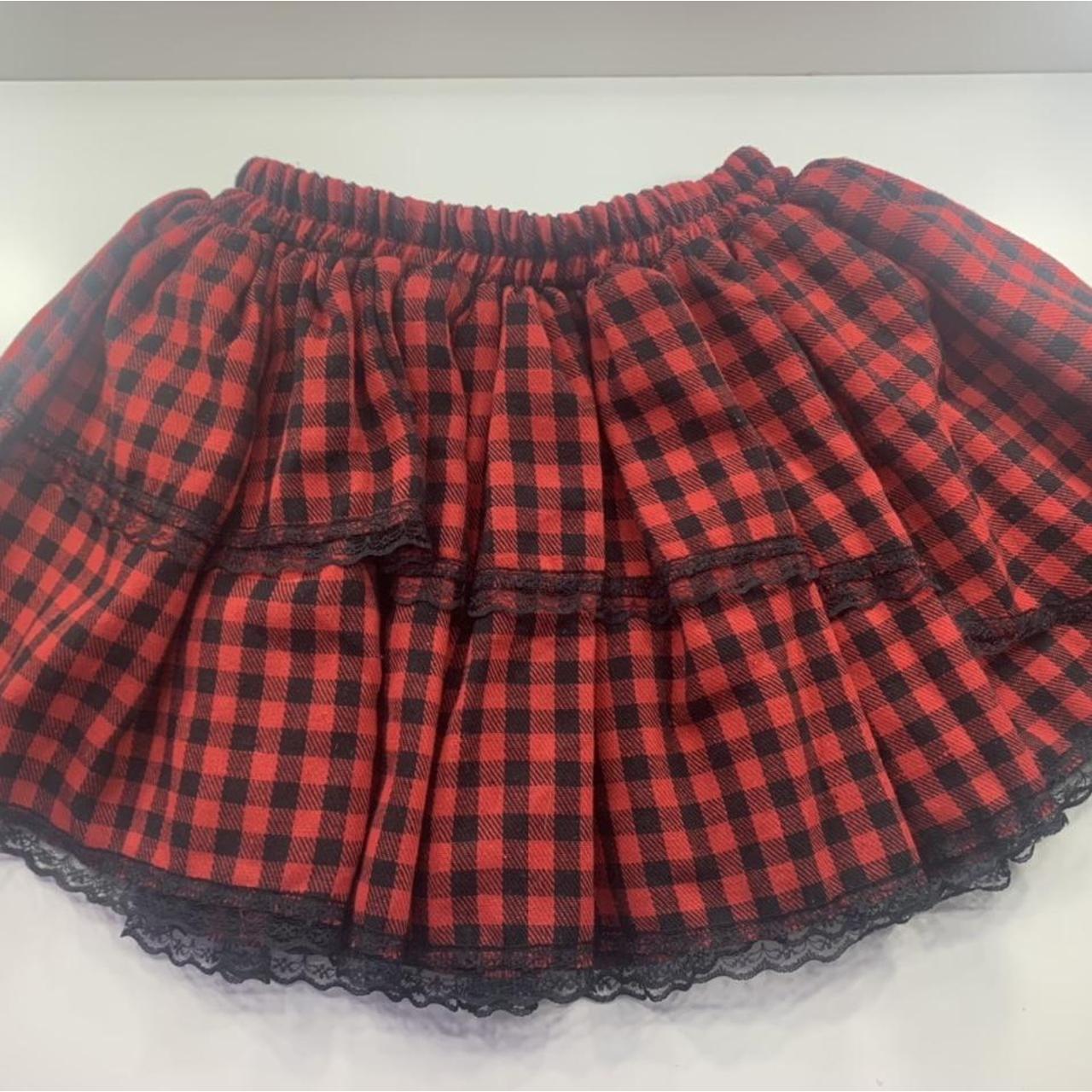 red plaid skirt with black lace ruffles, 2 layers,... - Depop
