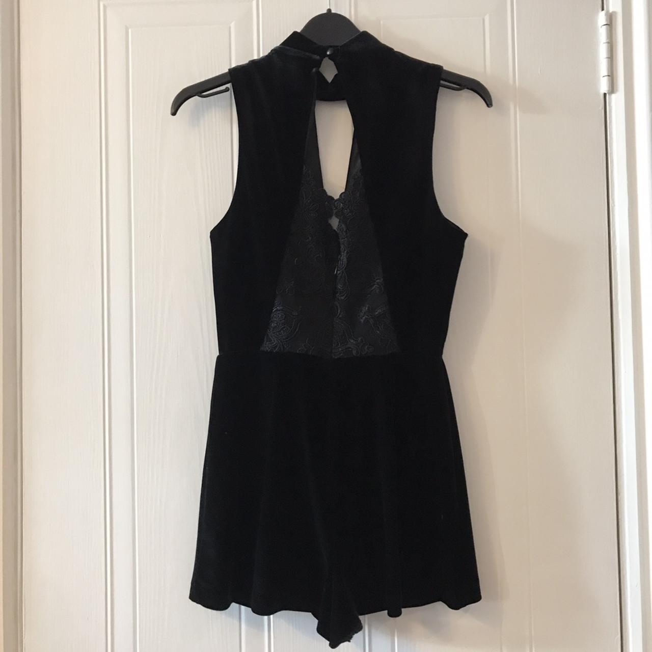 Topshop Black Velvet Playsuit With High Neck And Depop