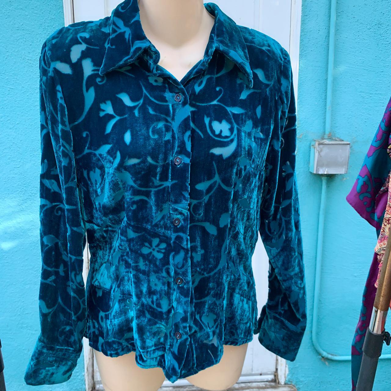 VINTAGE 90s Teal Rayon Silk Devore Burnout Velvet... - Depop