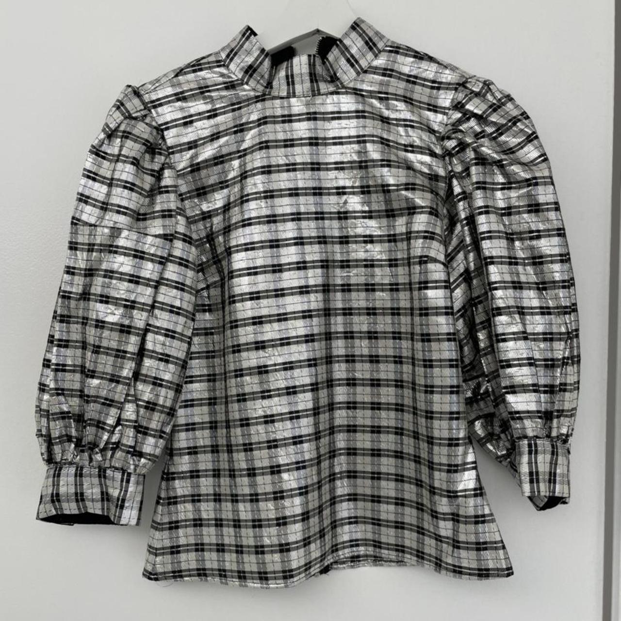 Ganni silver tinsel puff sleeve poof top metallic... - Depop