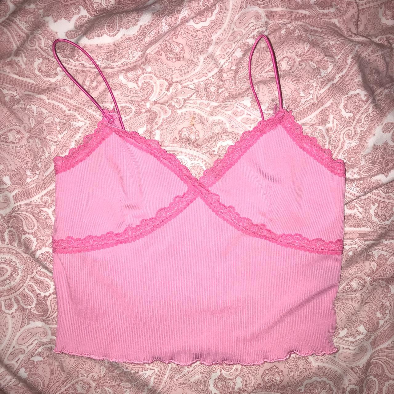 Pink crop cami top with lacey edging and frilly... - Depop