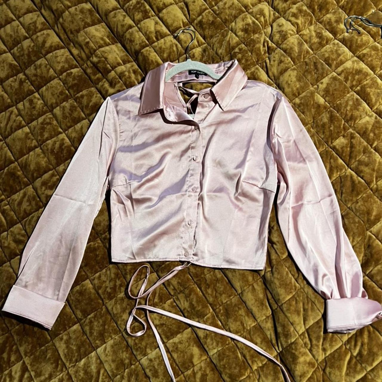 Pink satin button up. Collard with open back detail... - Depop