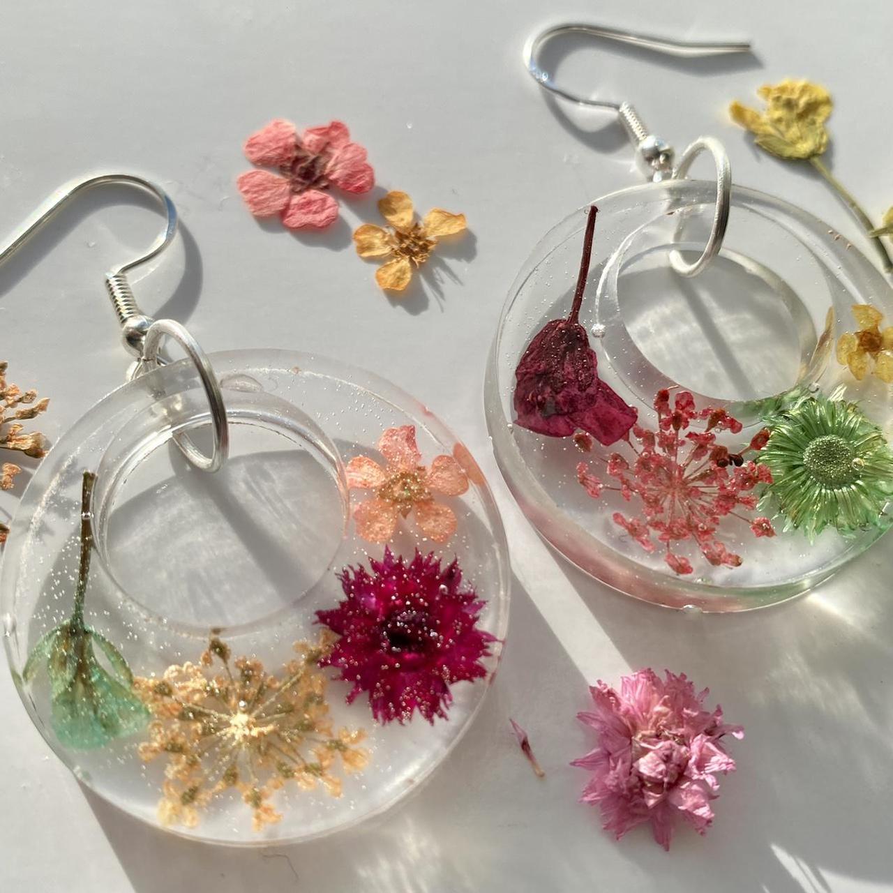 Pressed flower resin earrings Burgundy, yellow,... - Depop