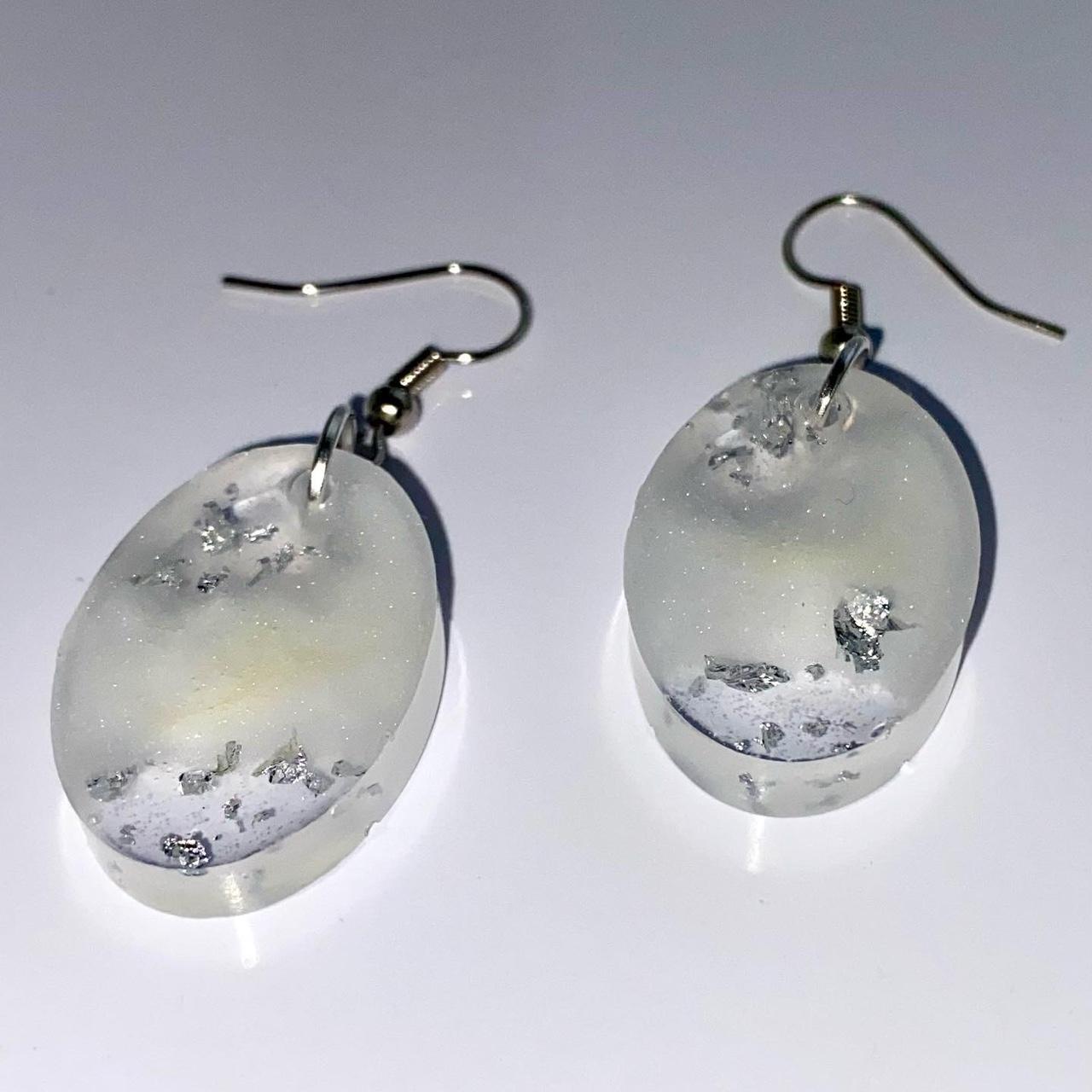 Pearl white and silver flakes epoxy resin earrings... - Depop