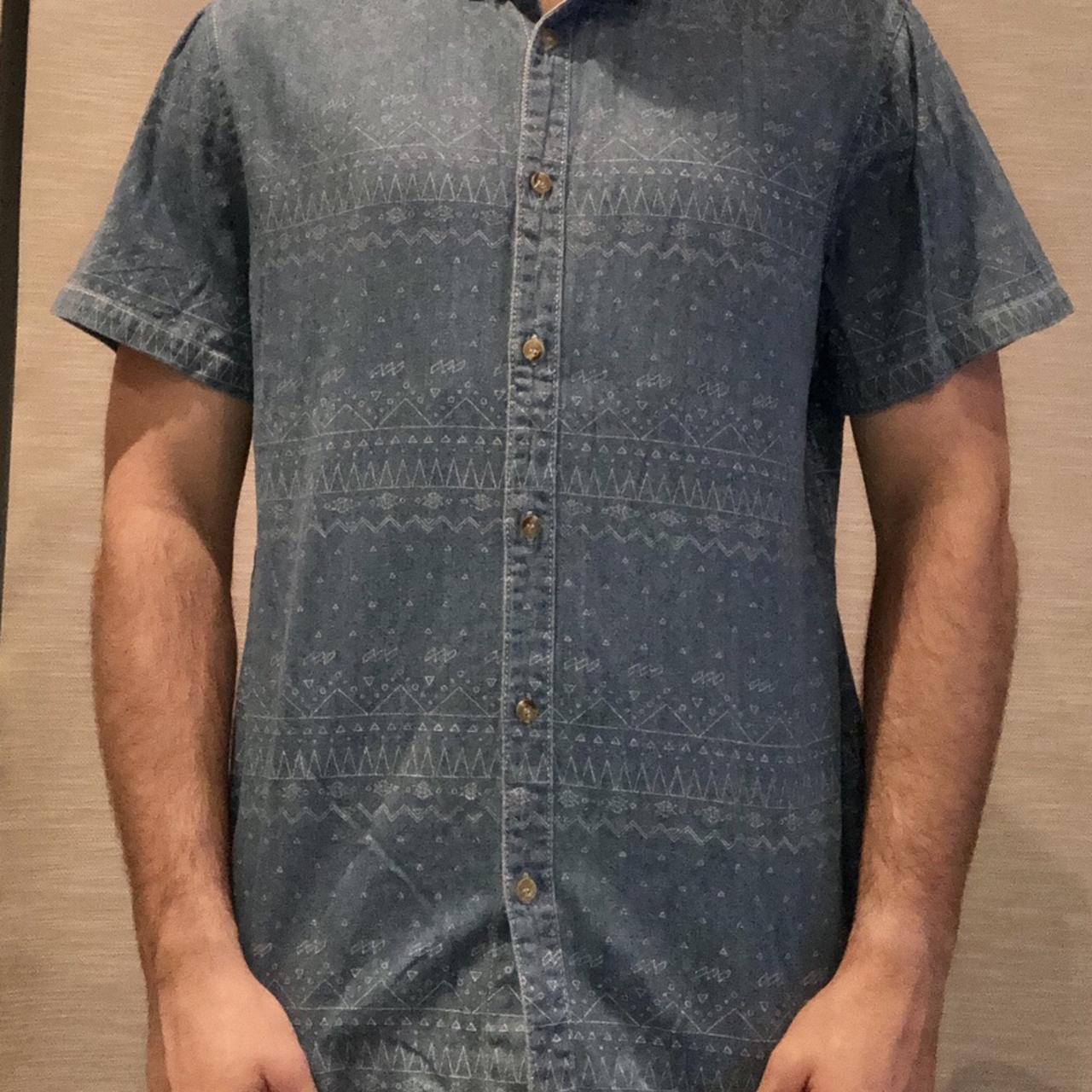 KENJI Denim short sleeve shirt. White lined design... - Depop