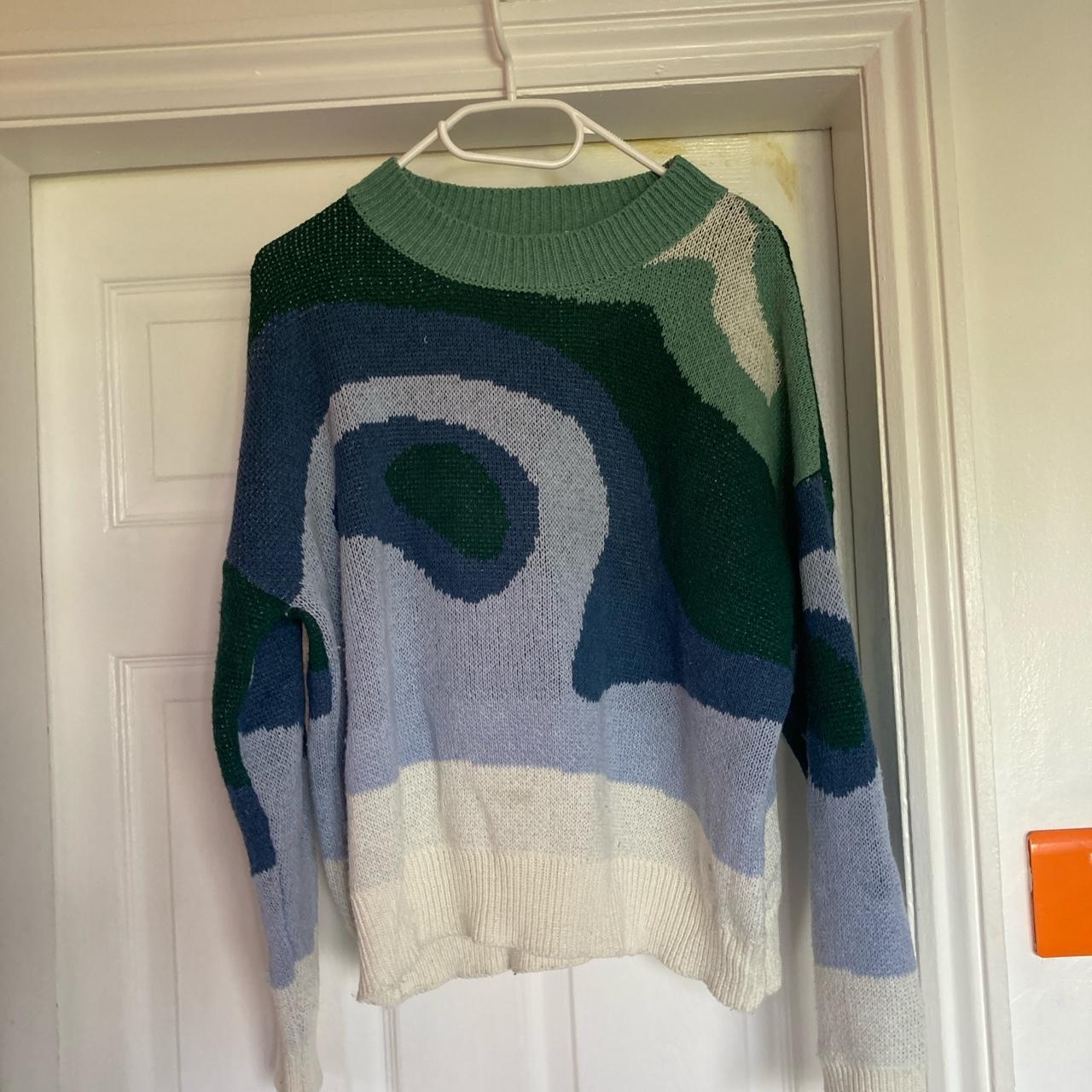 Abstract knitted jumper. Beaut with flared jeans and... - Depop