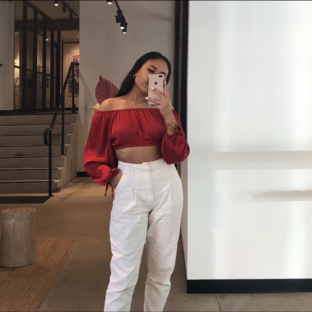 SATIN RED OFF SHOULDER The easiest top to wear that... - Depop
