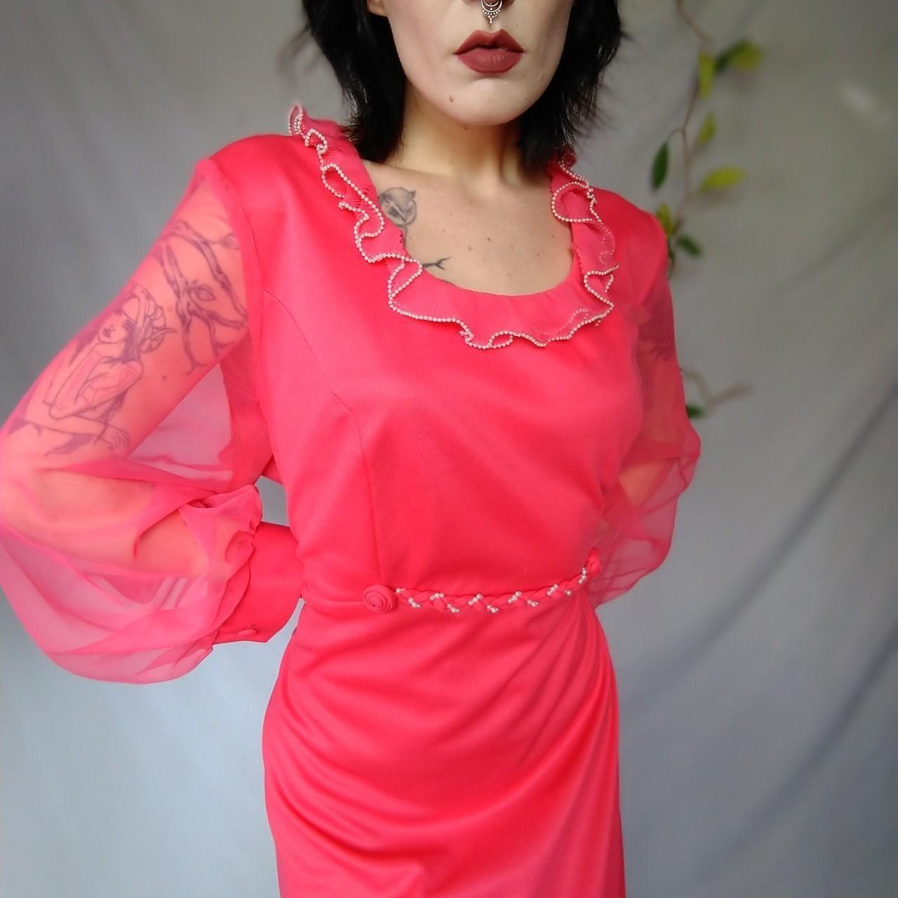 Hot pink 1970s vintage gown Sheer sleeves. Ruffled... - Depop