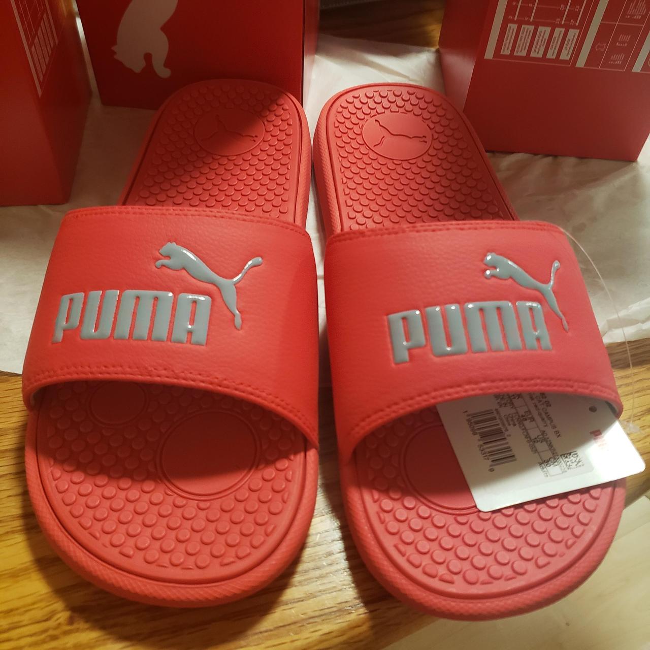 Puma Men's Red and Grey Slides | Depop