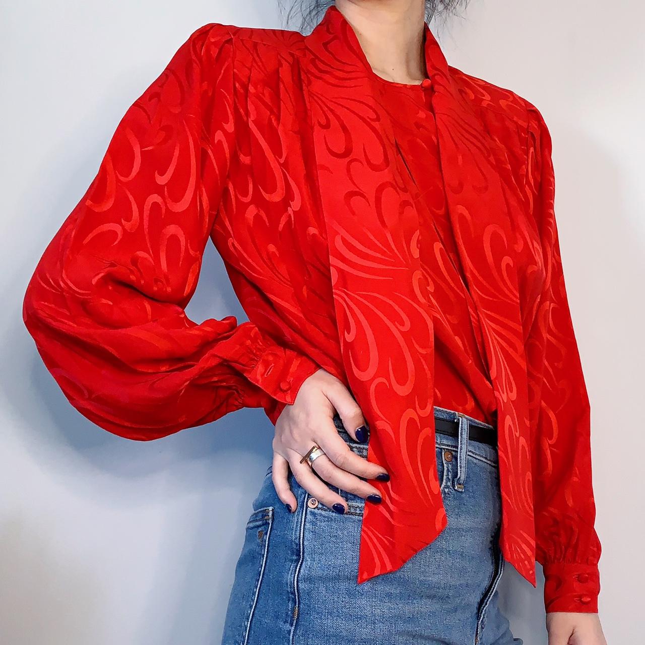Vintage Silk Red Blouse Button Down with Pleats A... - Depop