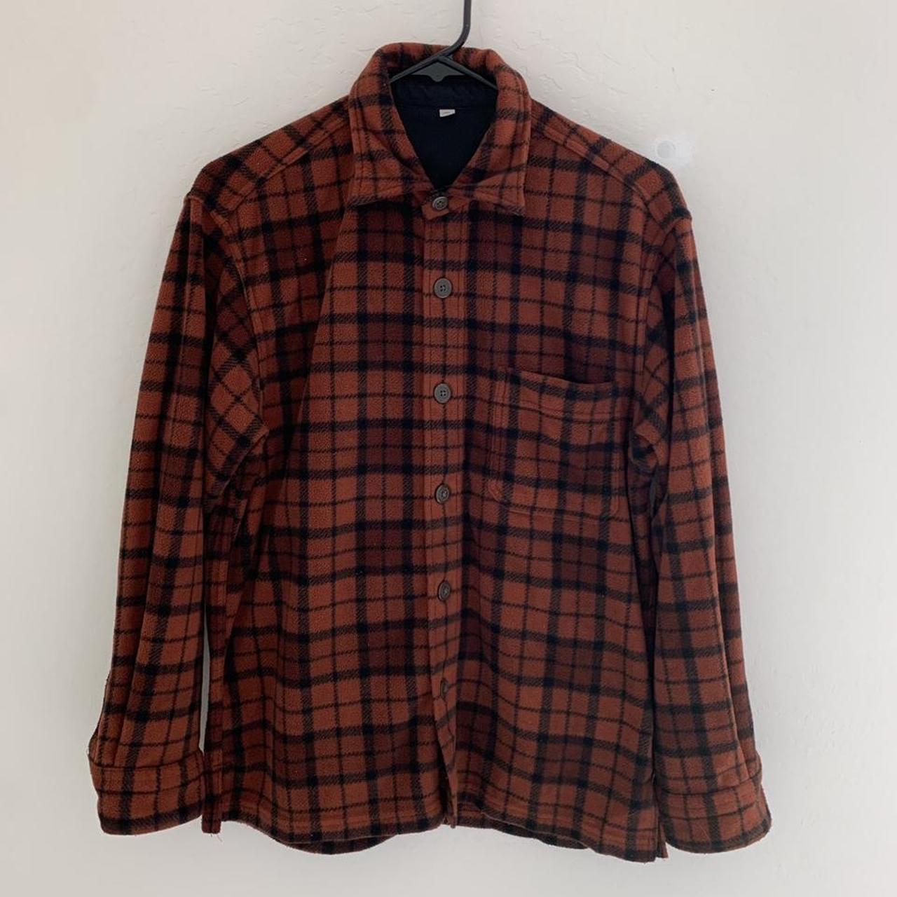 Uniqlo orange checkered fleece button up - Depop