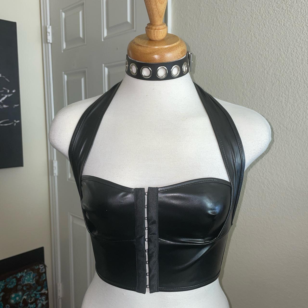 Lace up open back vegan leather halter crop top ... - Depop