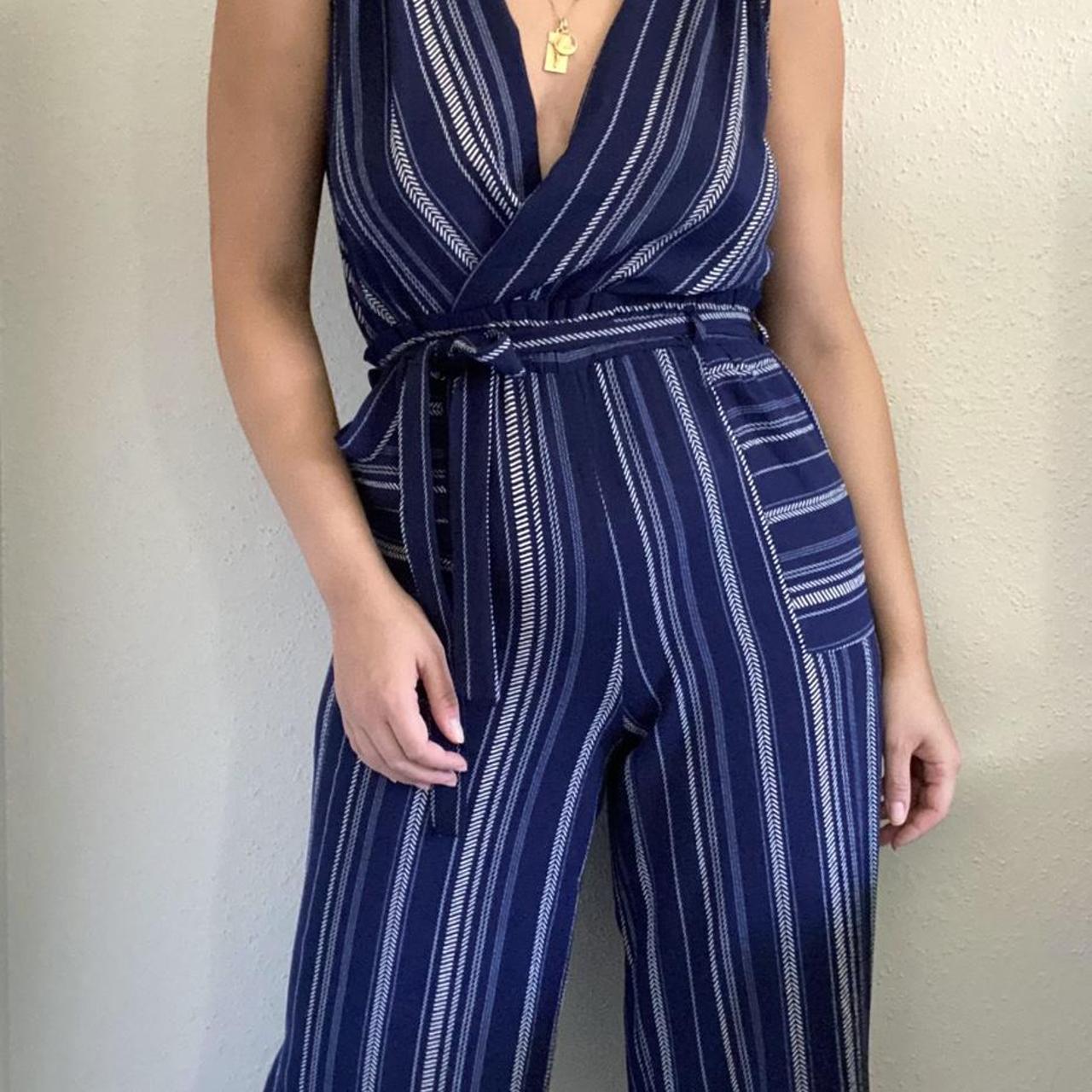 Monteau Blue Striped Jumpsuit with Split Hem Great... - Depop