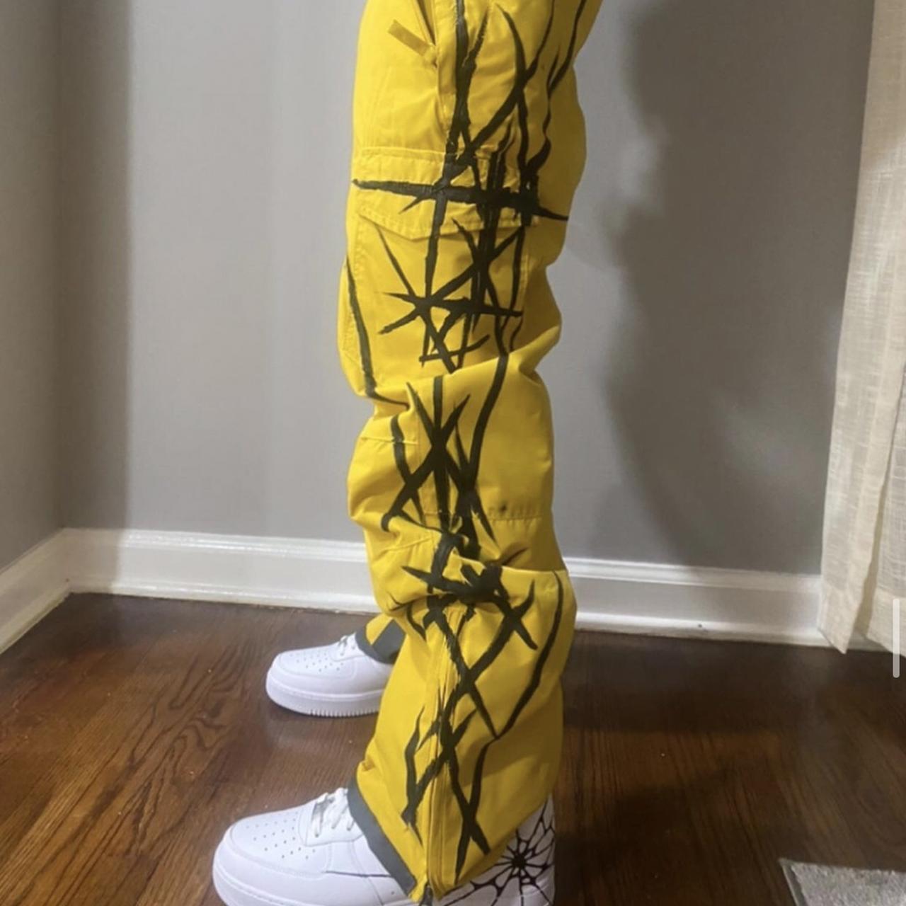 Yellow snow cargos hand painted Whvtewidow along... | Depop