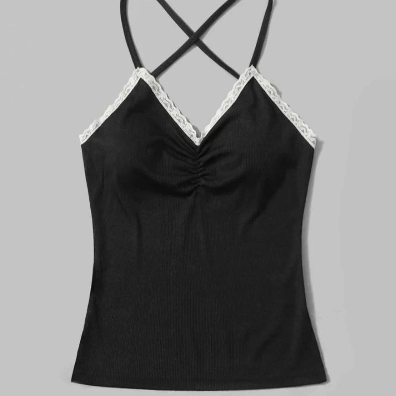 •black cami with white lace trim and cross... - Depop