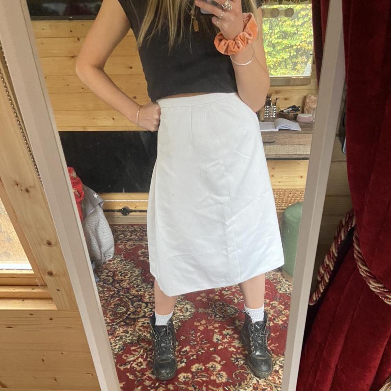 White linen shin length skirt. Zip up at back. One... - Depop