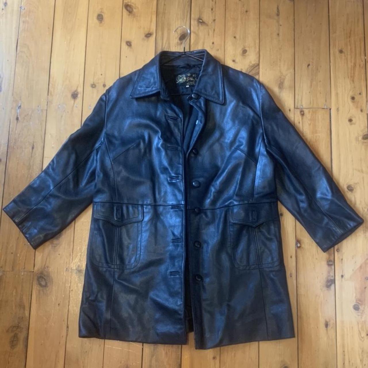 Long Black Leather Jacket Sleek, black, slightly... - Depop