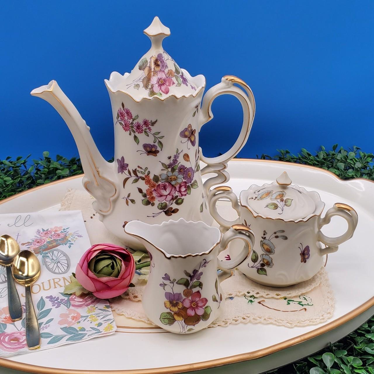 Lefton Ceramic Teapot Set Spring Bouquet Butterflies... - Depop