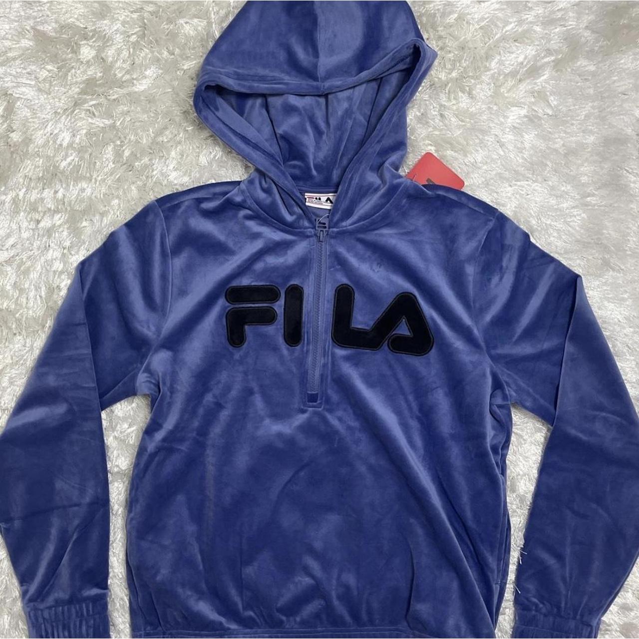 fila silk blue top! sort of like a hoodie (has a... - Depop