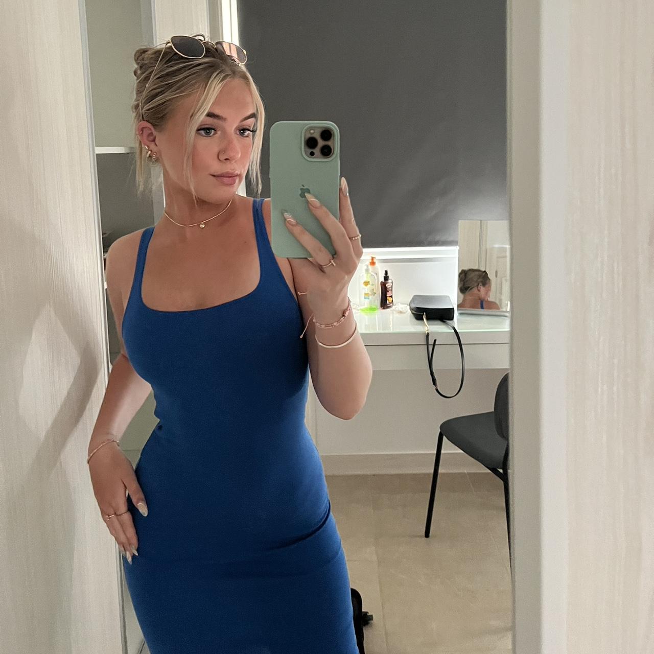 Long dark blue Zara dress with split in the... - Depop