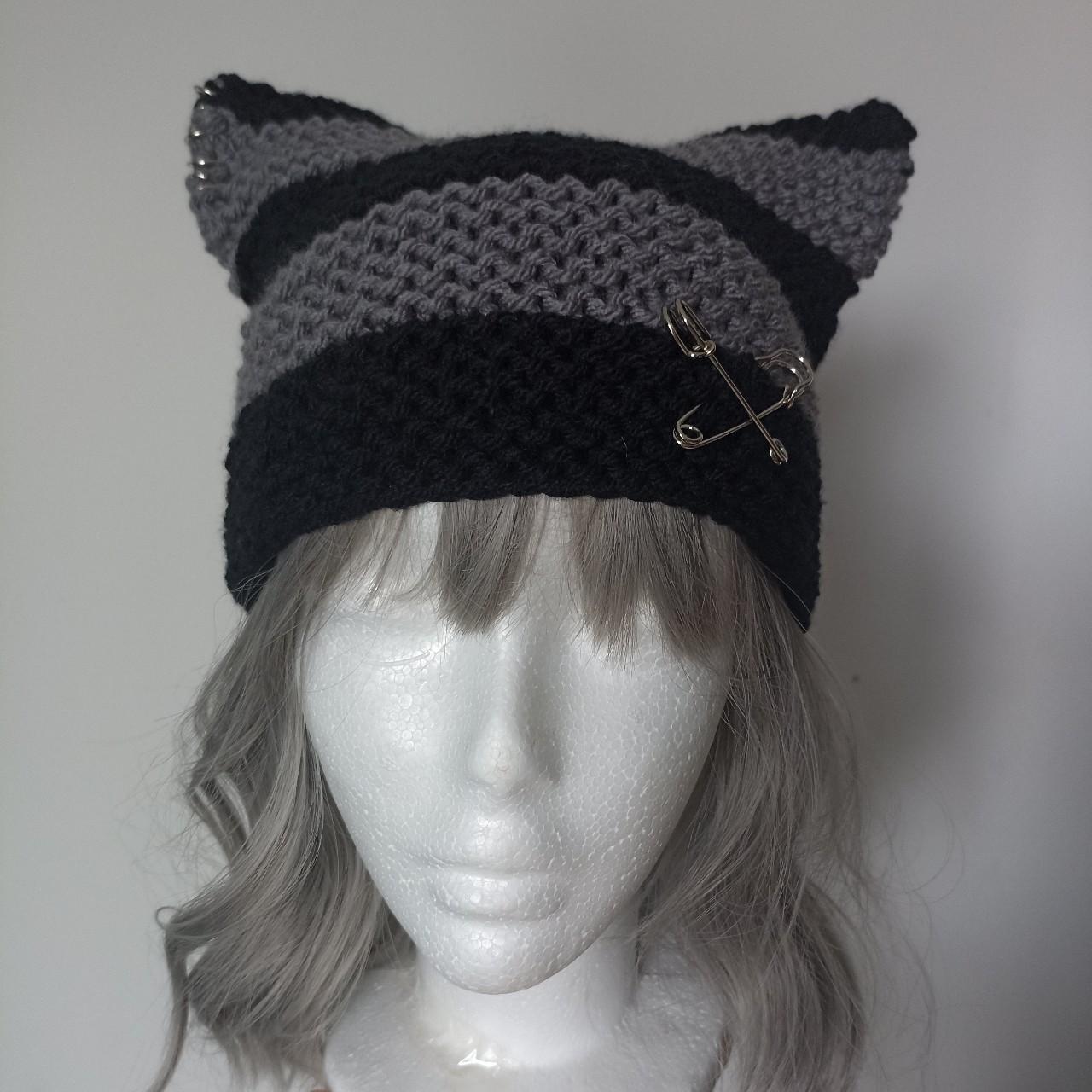 Knitted Striped cat ear beanie. Handmade with utmost... - Depop