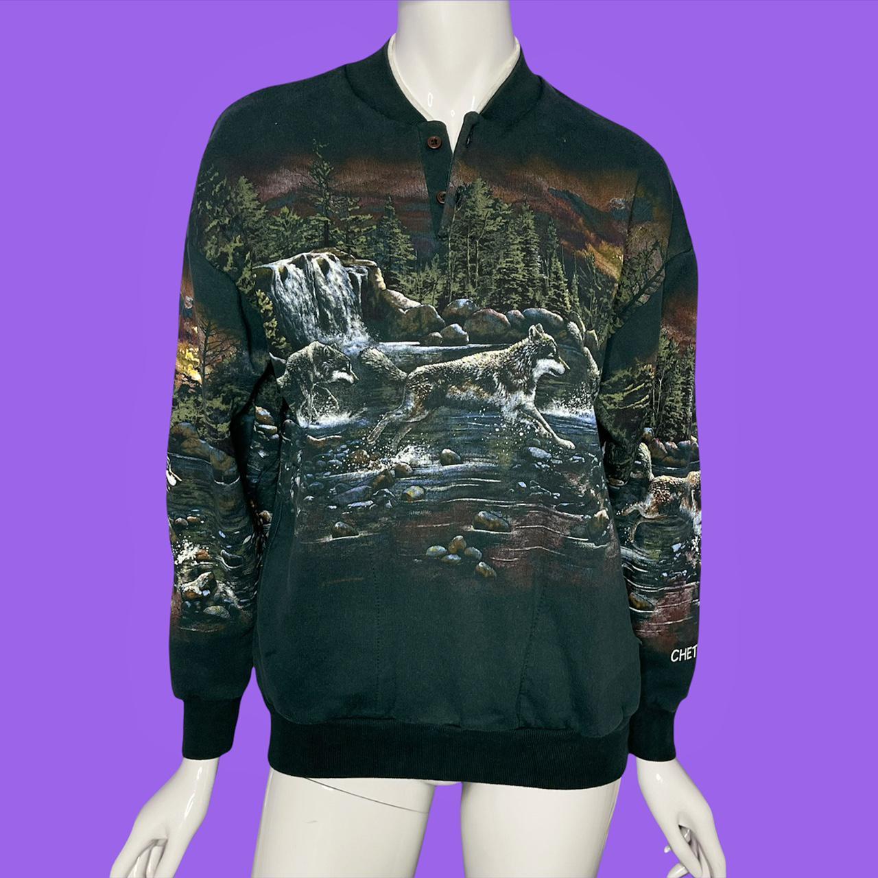 Vintage 90s wolf forest all over print crewneck... - Depop