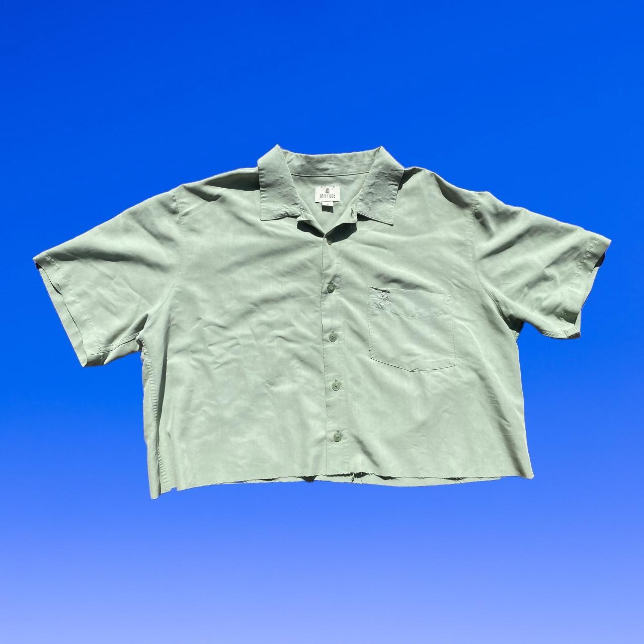 Women’s cropped camp collar light green button up... - Depop