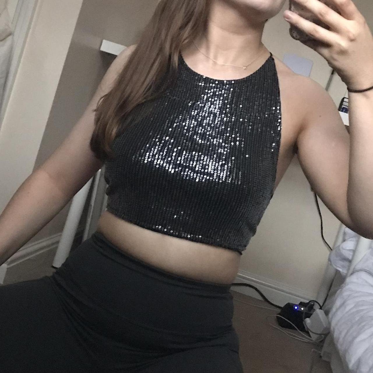 Motel Women's Black and Silver Crop-top | Depop