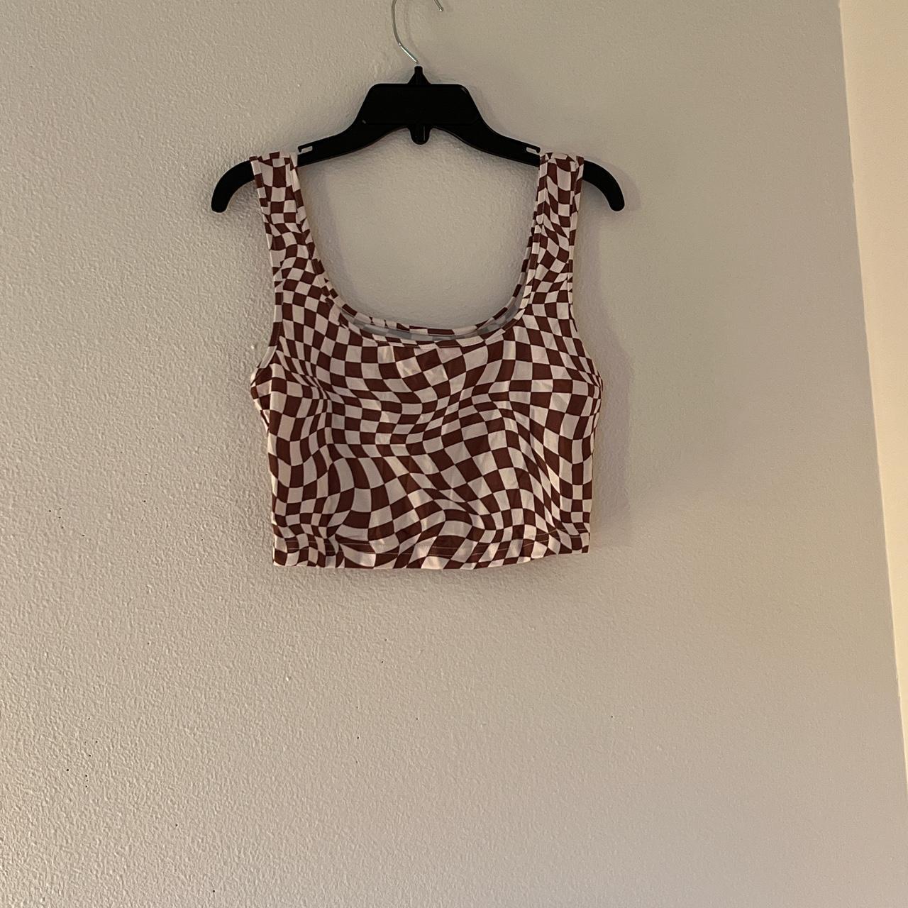 whimsical checkered tank top/crop top •brown &... - Depop