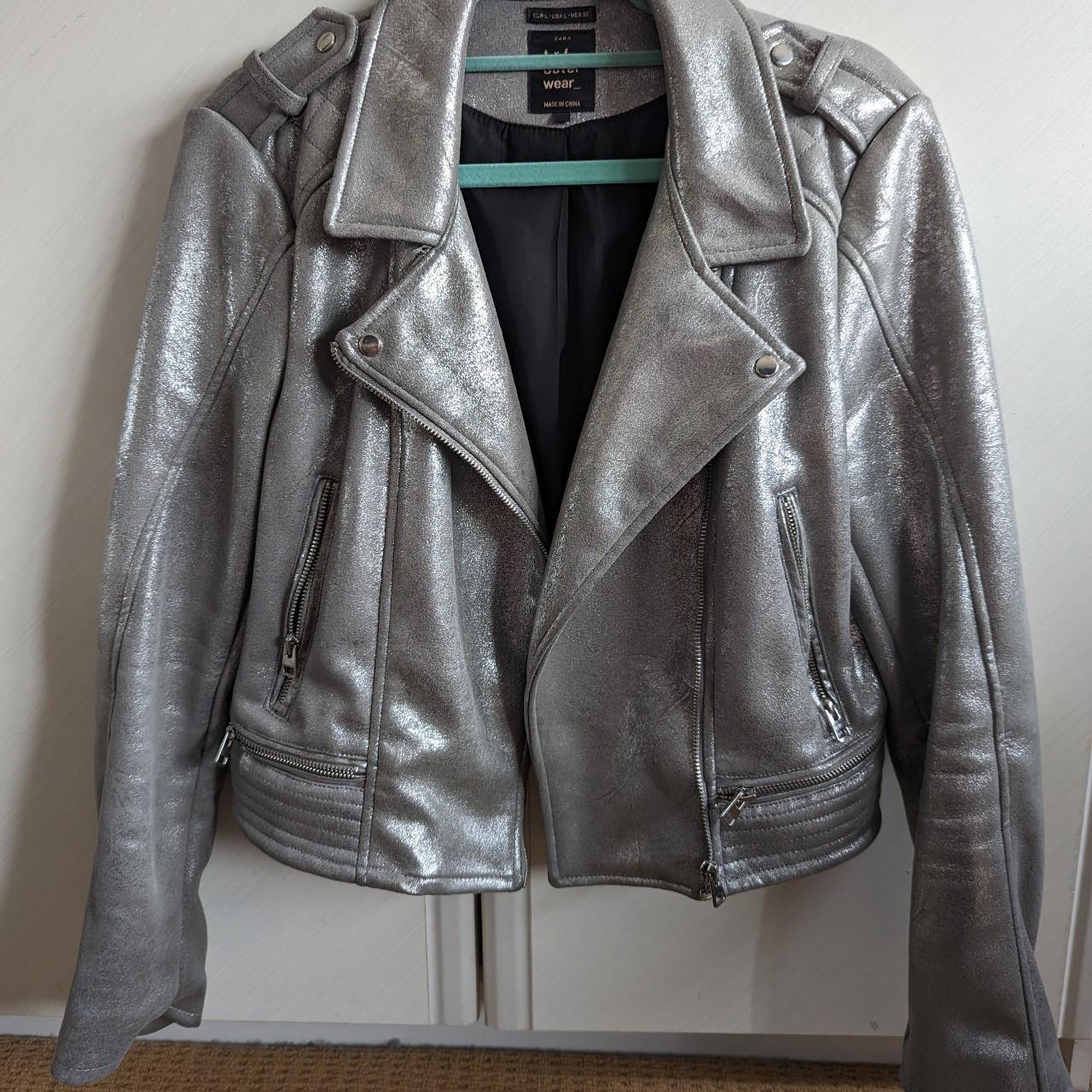 Silver biker jacket from Zara. Perfect condition and... - Depop