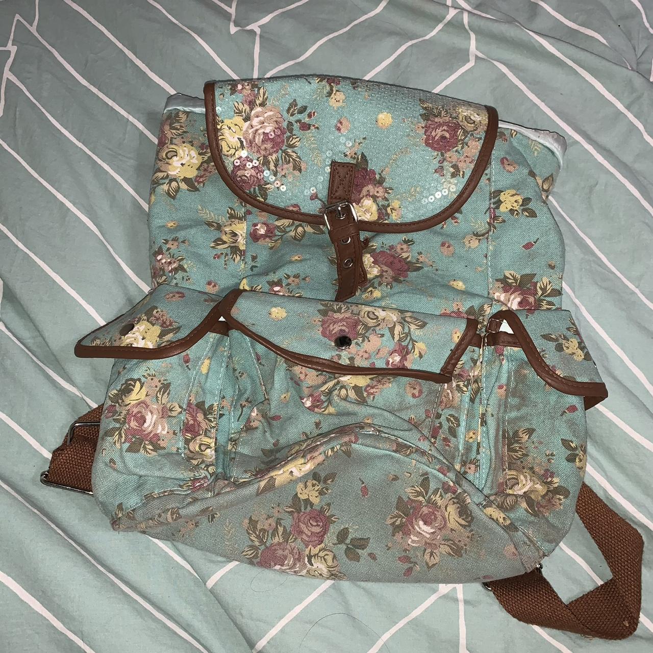 Blue Floral Backpack ️ Some minor discoloring on... - Depop