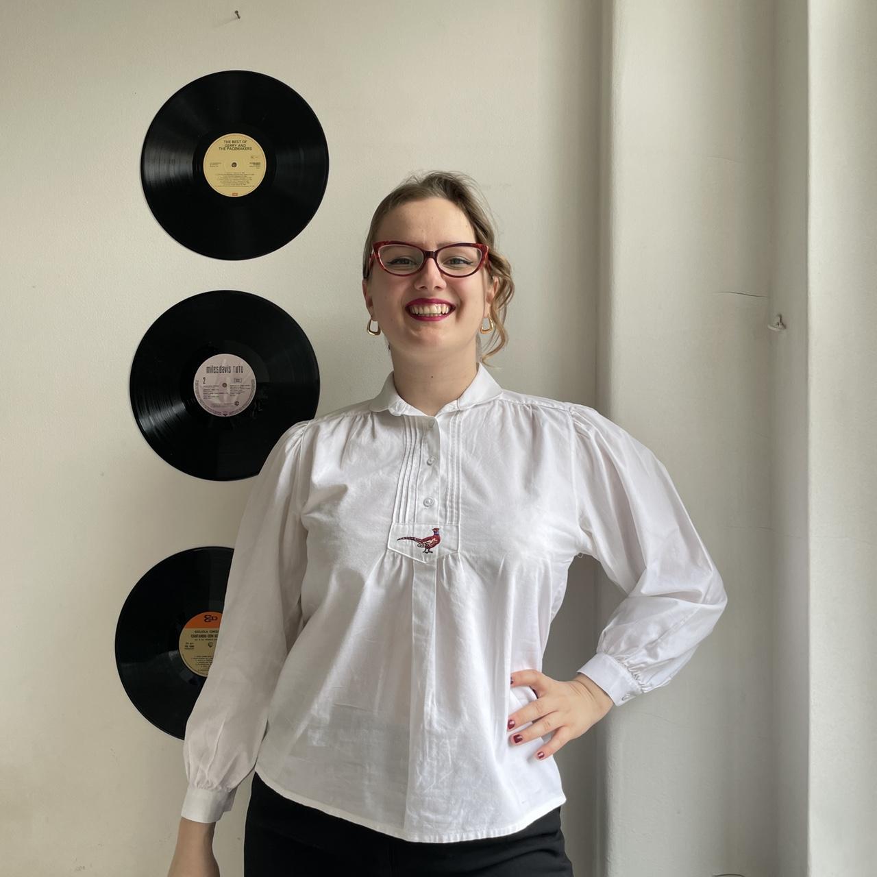 Vintage Partridge Motif White Puff Sleeve Shirt... - Depop