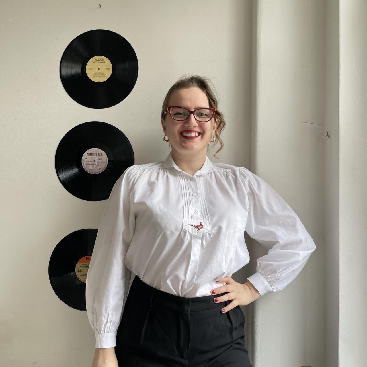 Vintage Partridge Motif White Puff Sleeve Shirt... - Depop