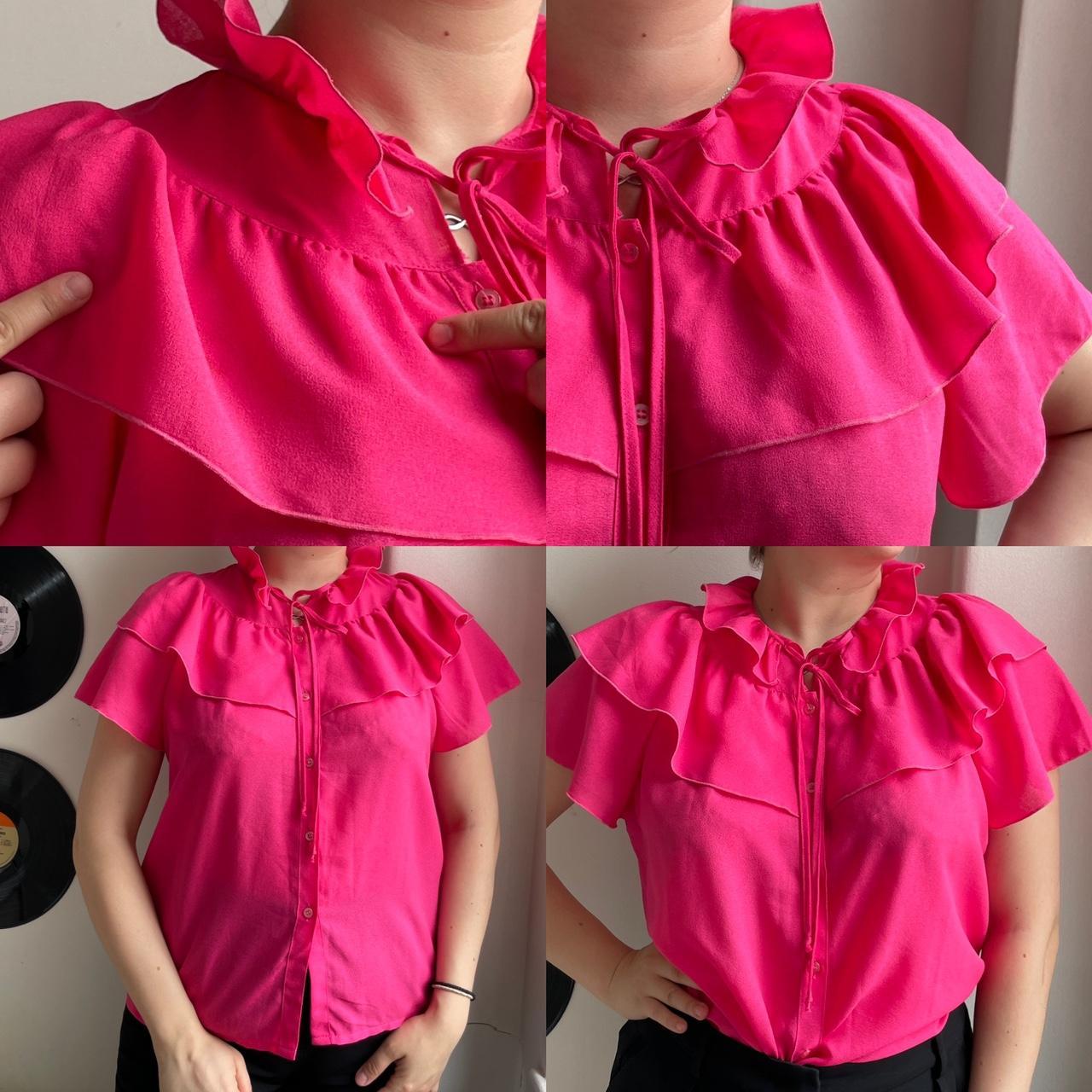 Vintage Ruffle Neck Hot Pink Short Sleeve Shirt... - Depop