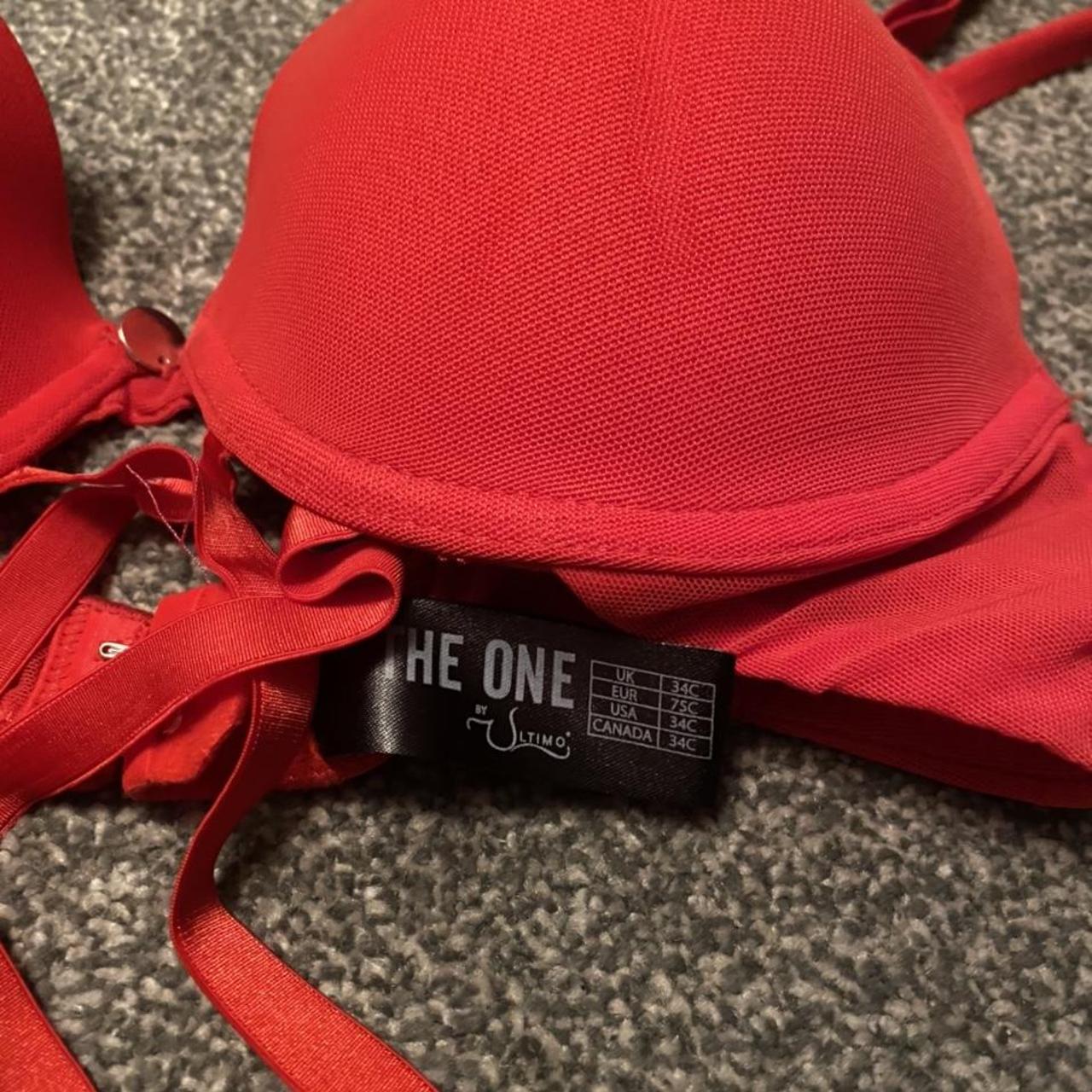 Ultimo red bra and panties set. 34C / size 12... - Depop