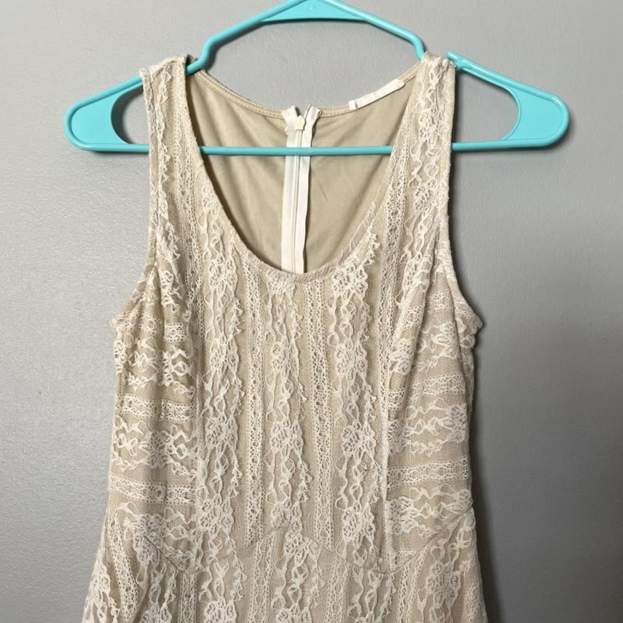 LUSH Clothing Women's White and Tan Dress | Depop