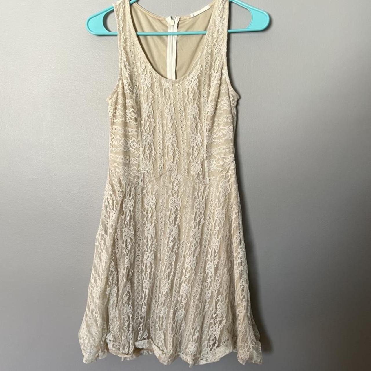 LUSH Clothing Women's White and Tan Dress | Depop