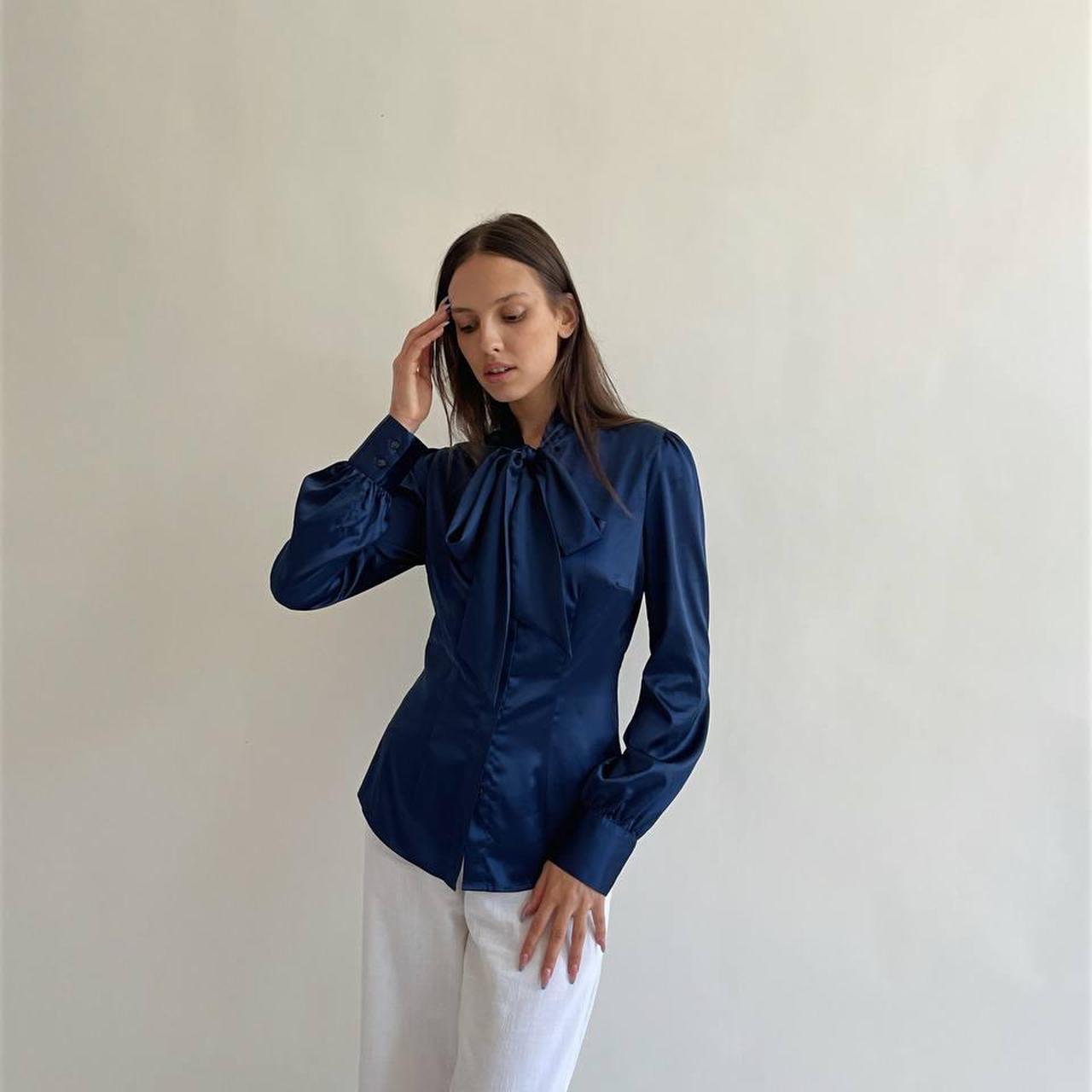 Elegant vintage soft satin royal blue fitted blouse... - Depop