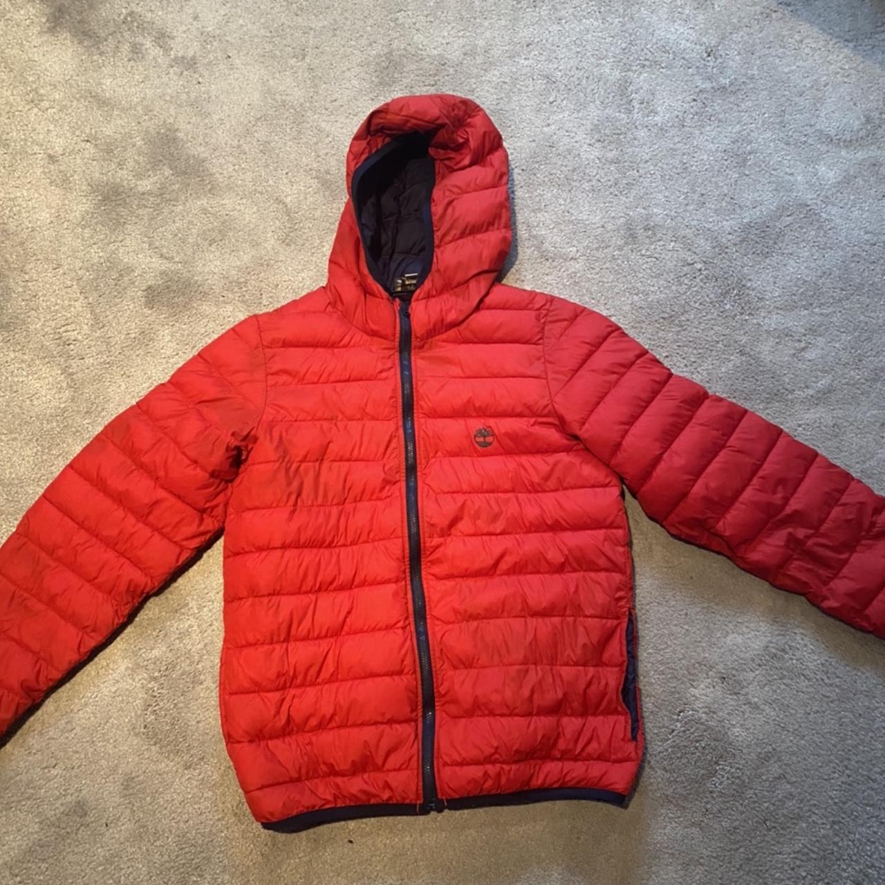 timberland red puffer jacket size 14 junior, amazing... - Depop