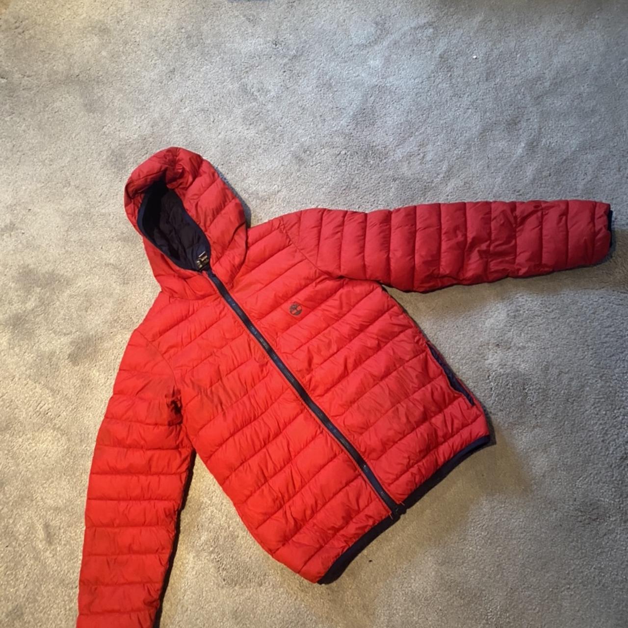 timberland red puffer jacket size 14 junior, amazing... - Depop