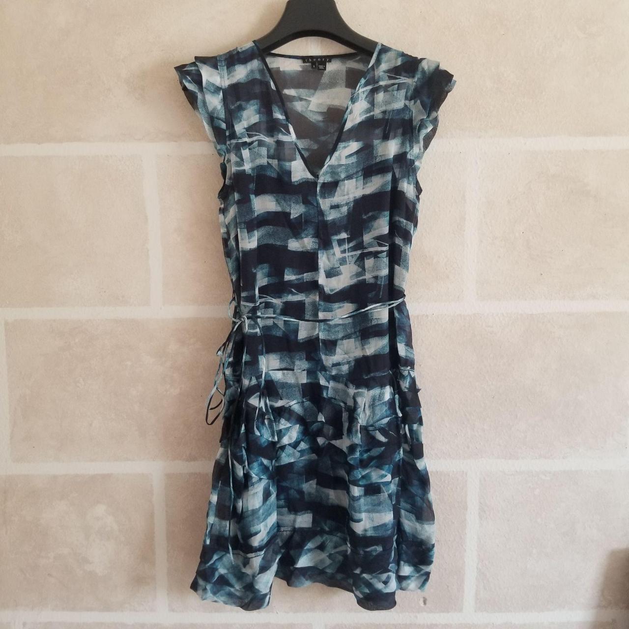Theory Blue Meshima Silk Cubist Plaid Dress Size... - Depop