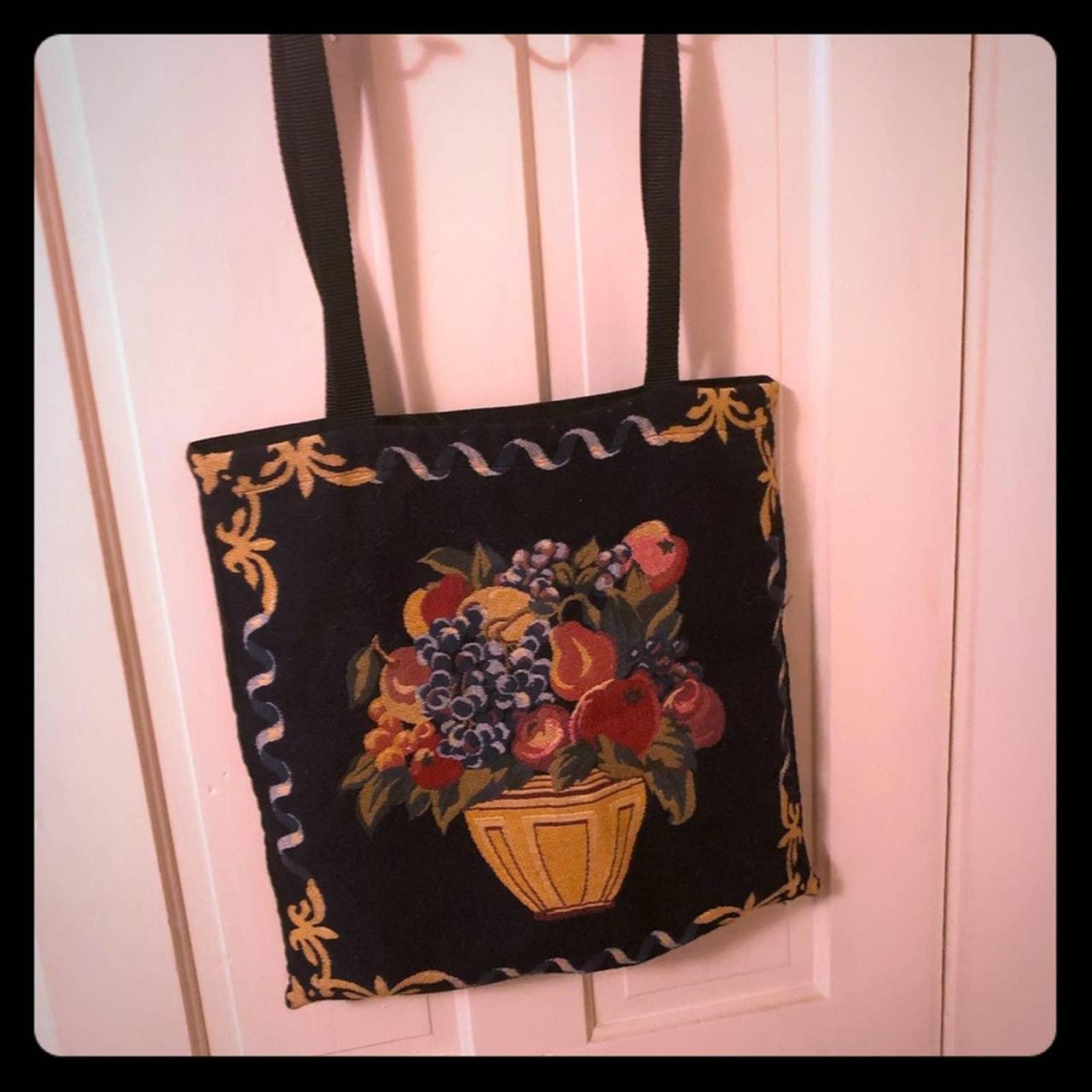 Navy blue fruit tapestry shopping bag. Handles are... - Depop