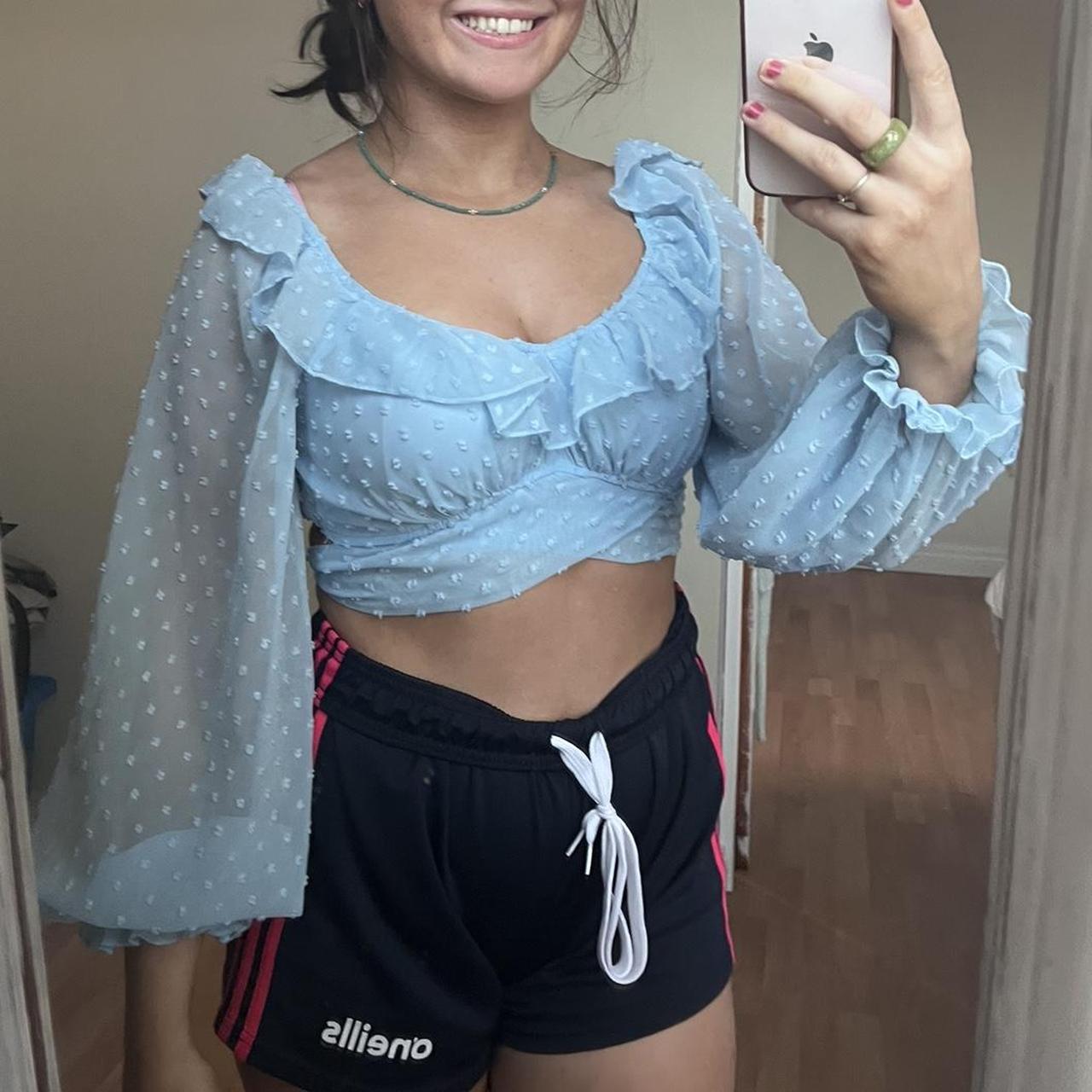 Blue mesh dotty detailed cross over crop top tie at... - Depop