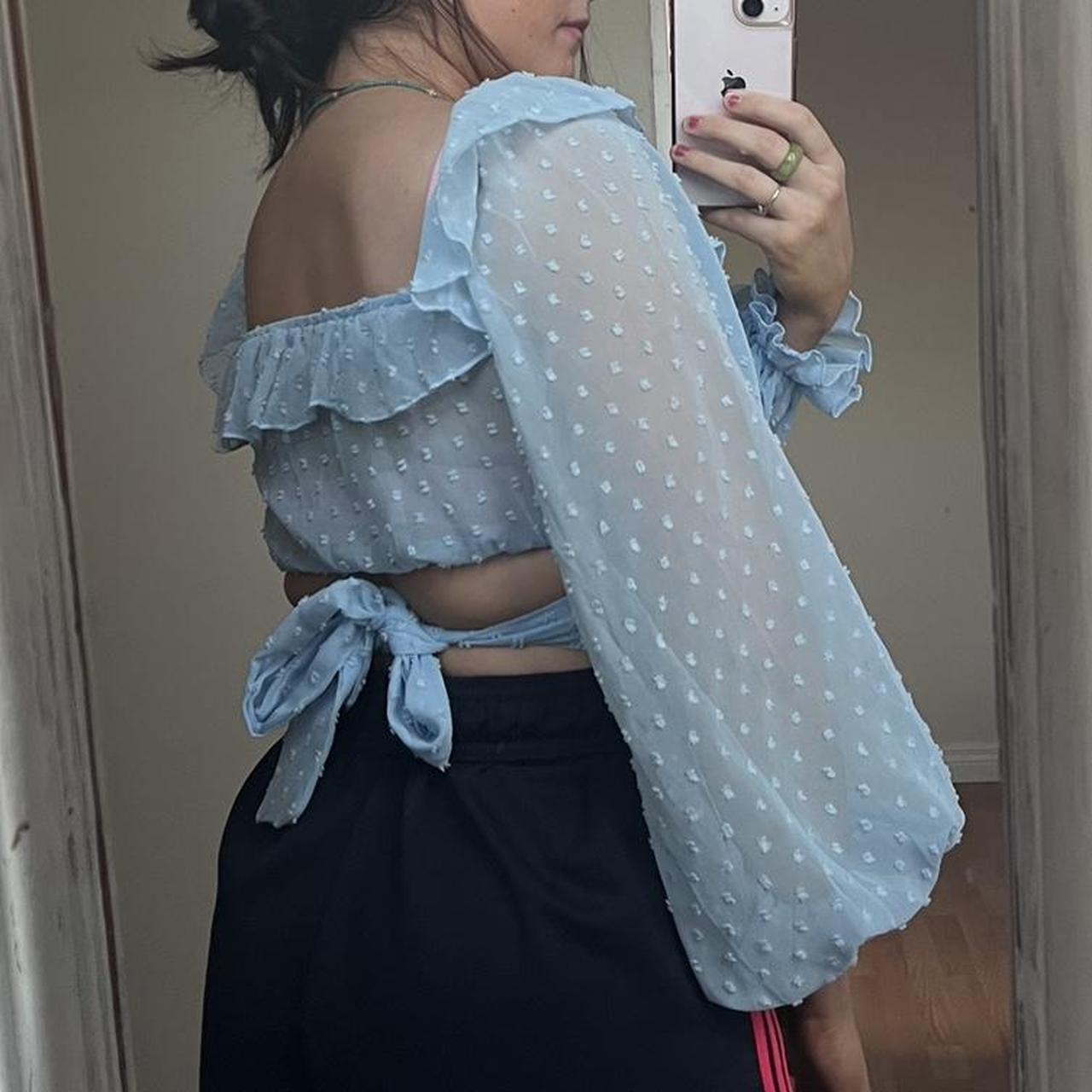 Blue mesh dotty detailed cross over crop top tie at... - Depop