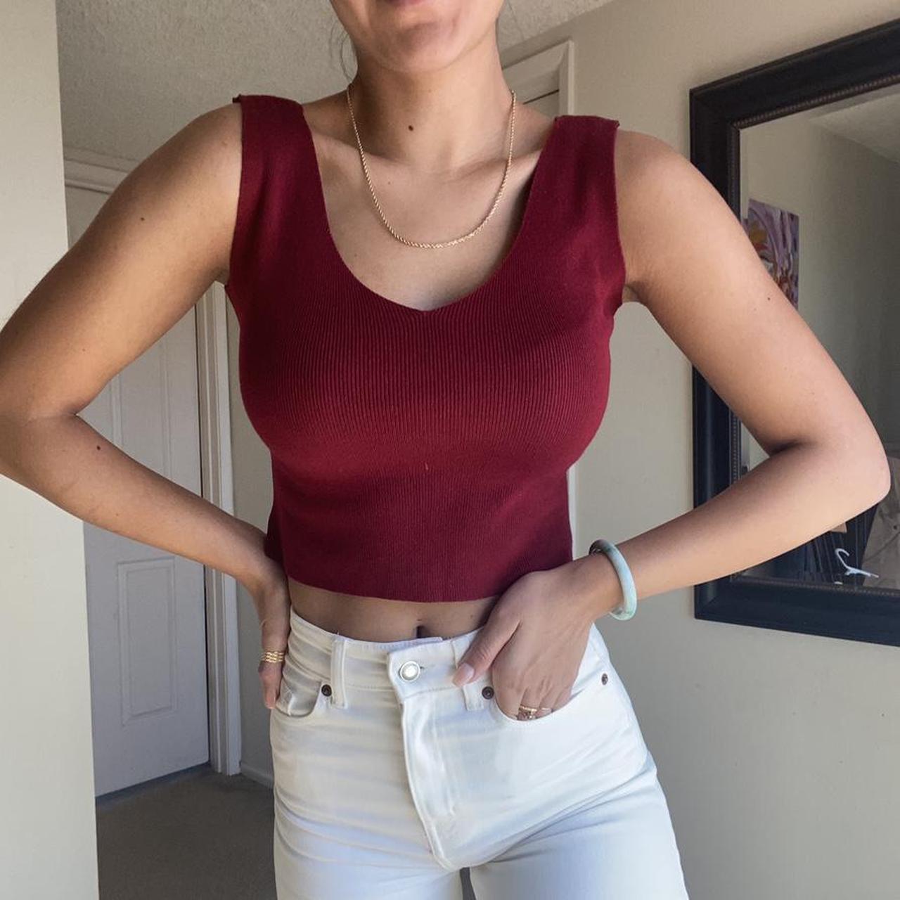 Vintage red knit cropped top. Has size slits and... - Depop