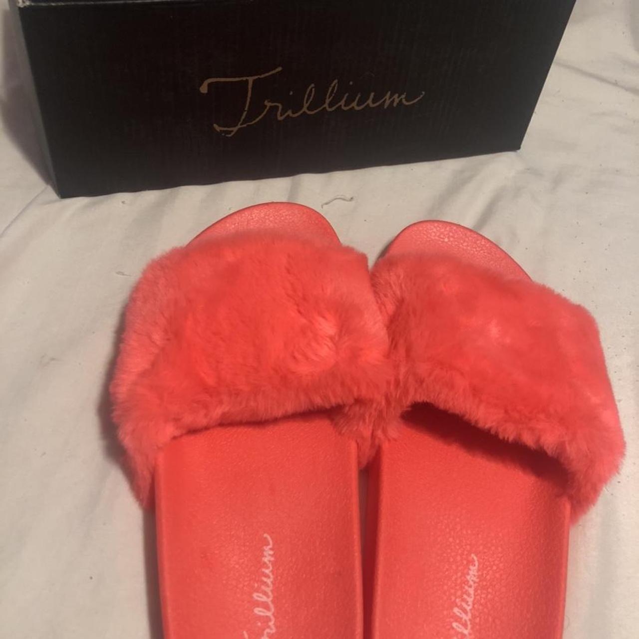 neon pink fluffy slides / new in box / trillium size... - Depop