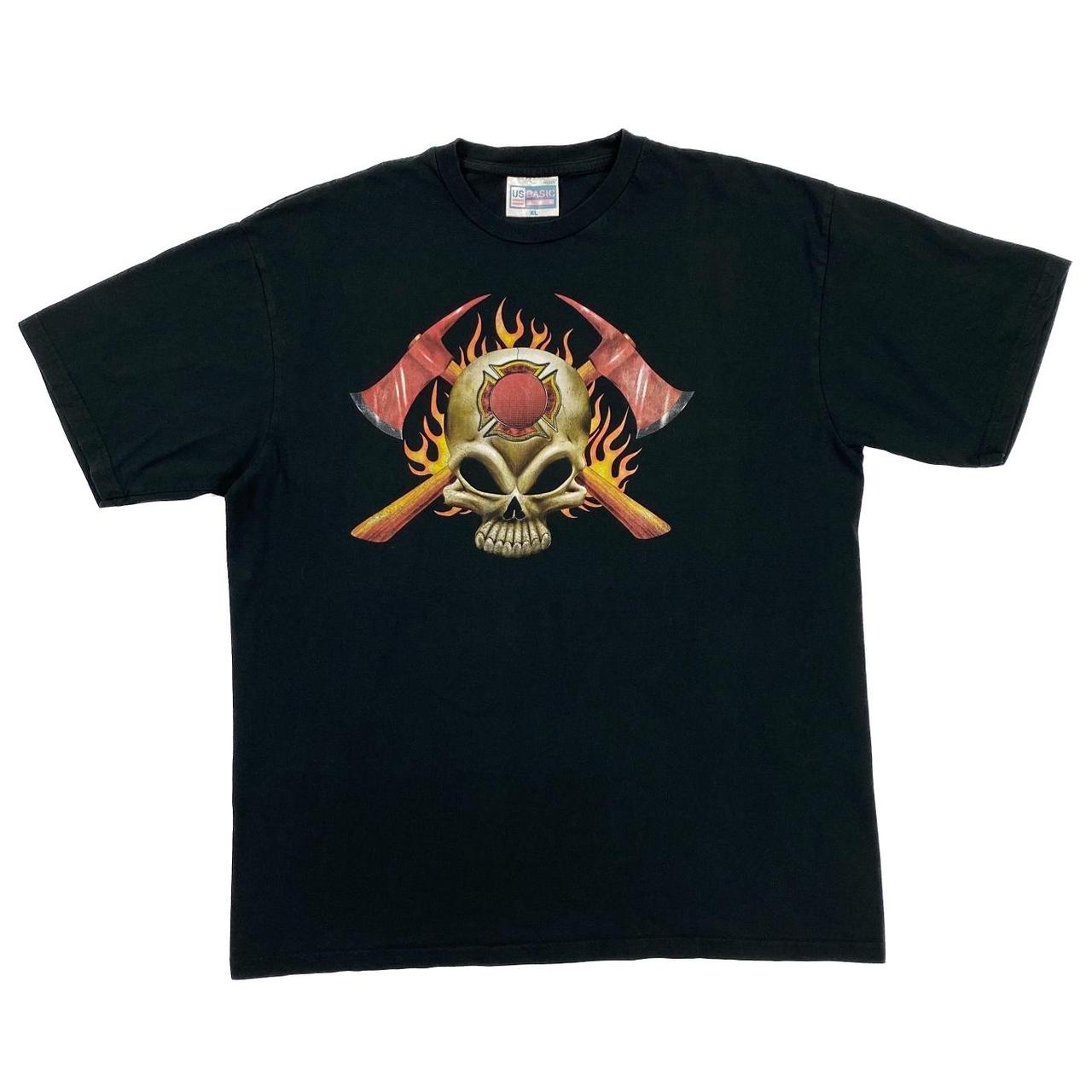 Early 00’s US BASIC Gothic Firefighter Flaming Skull... - Depop