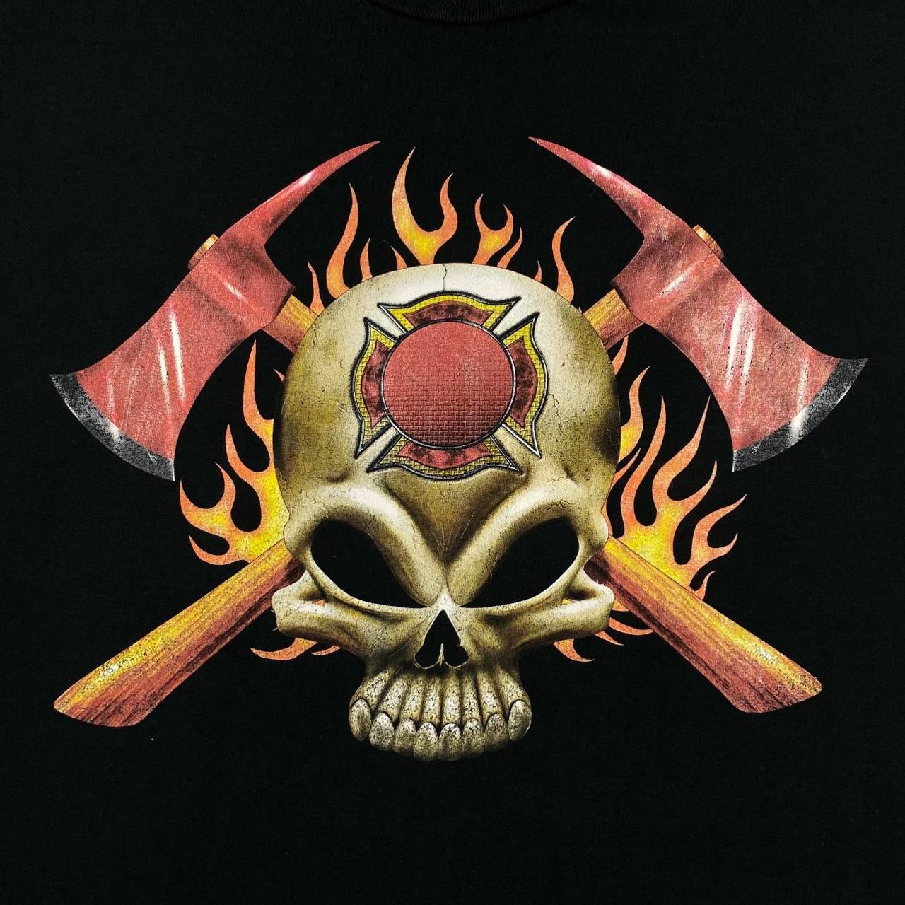 Early 00’s US BASIC Gothic Firefighter Flaming Skull... - Depop