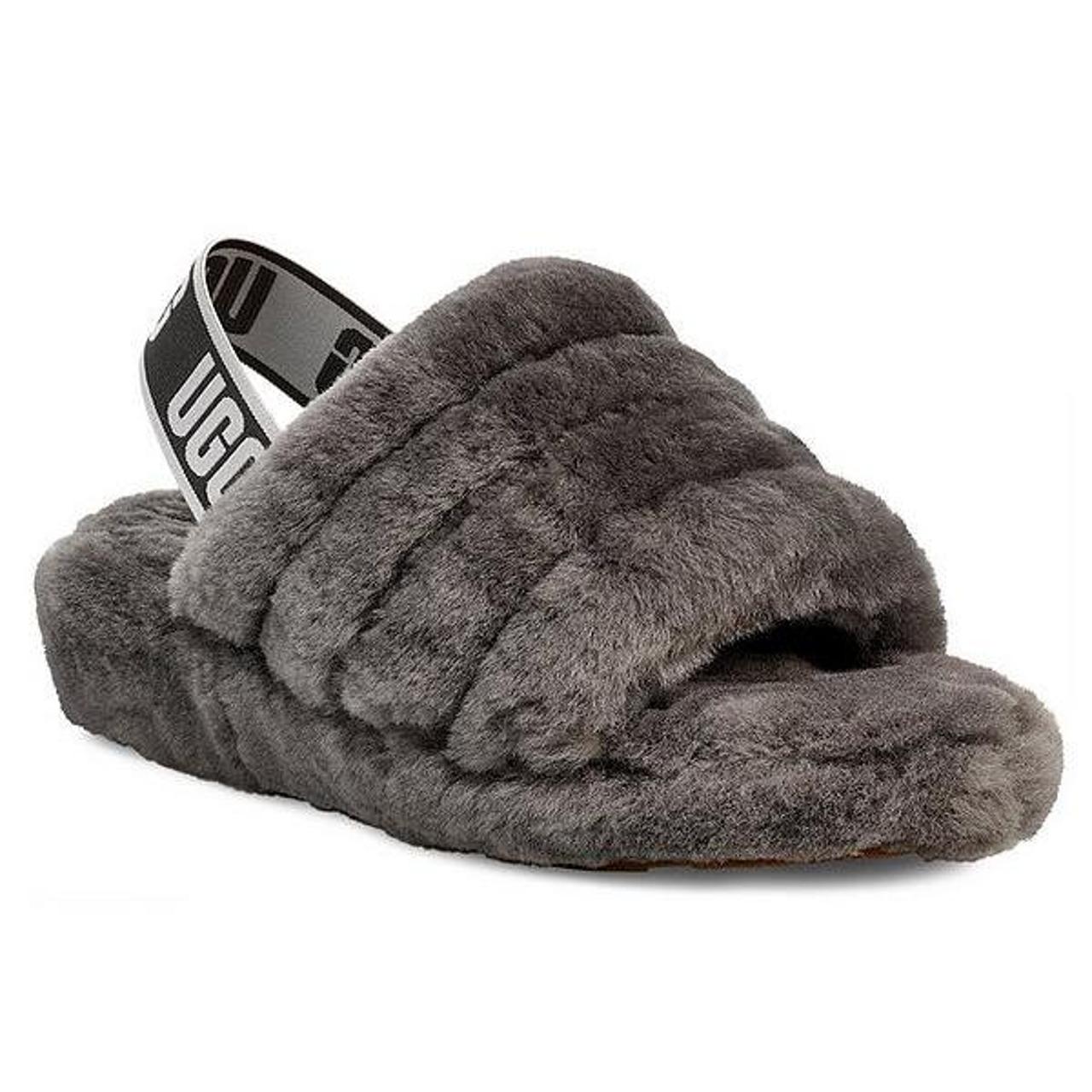 grey UGG fluffy strapped sliders, worn a couple... - Depop